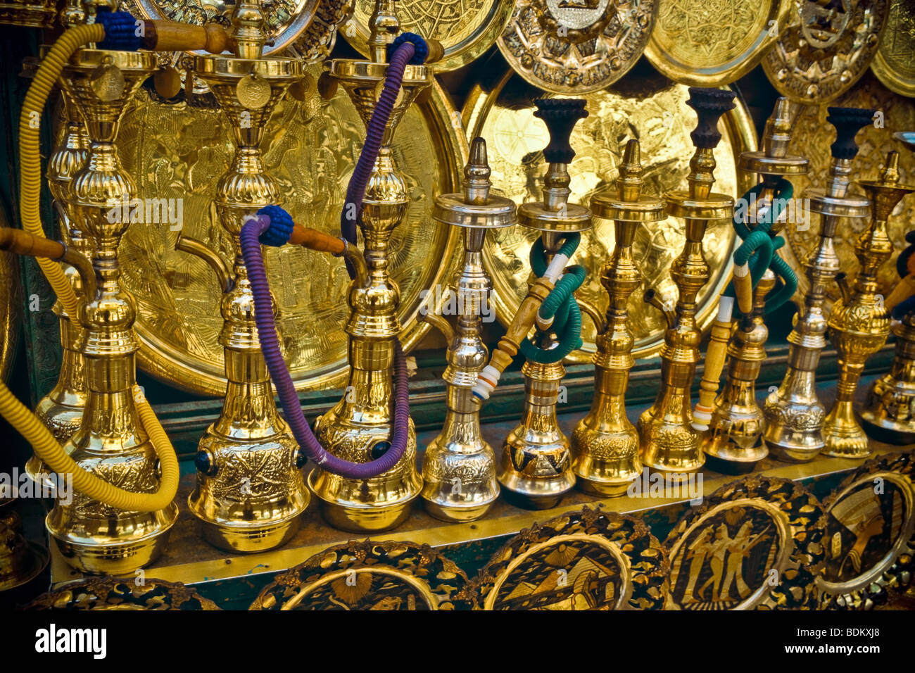Traditional Shisha water pipes and brass plates, Luxor, Egypt Stock ...