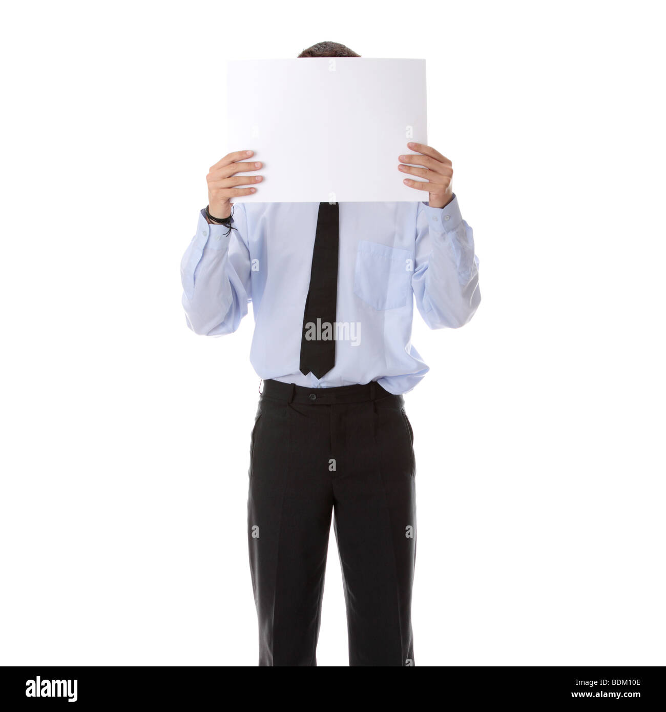 A businessman with a blank paper in his face isolated on white Stock ...