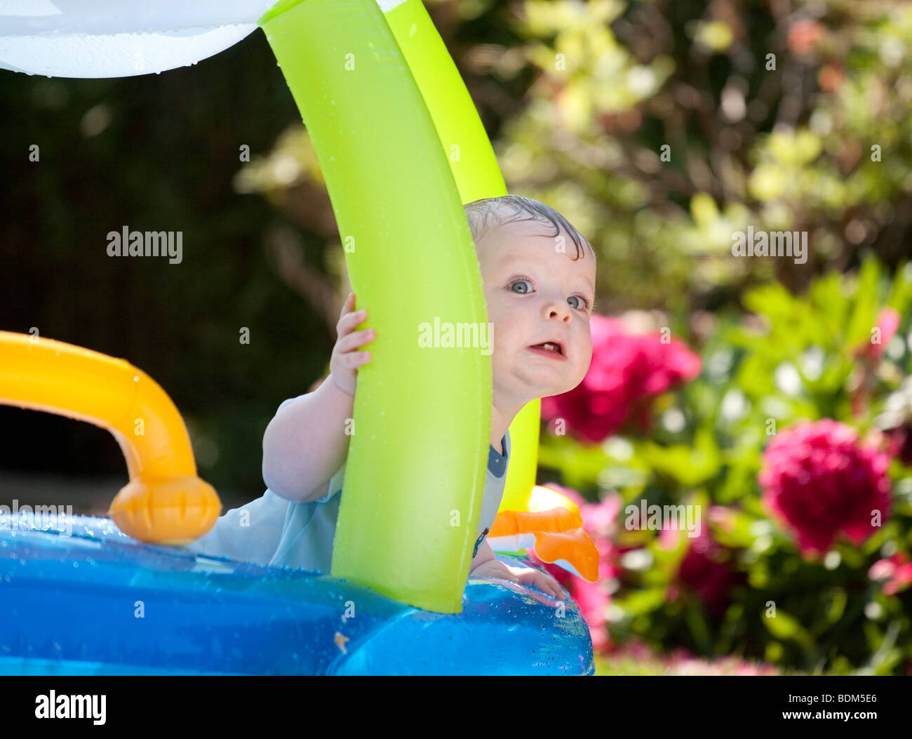 A baby boy playing in an inflated plastic boat paddling pool on a ...