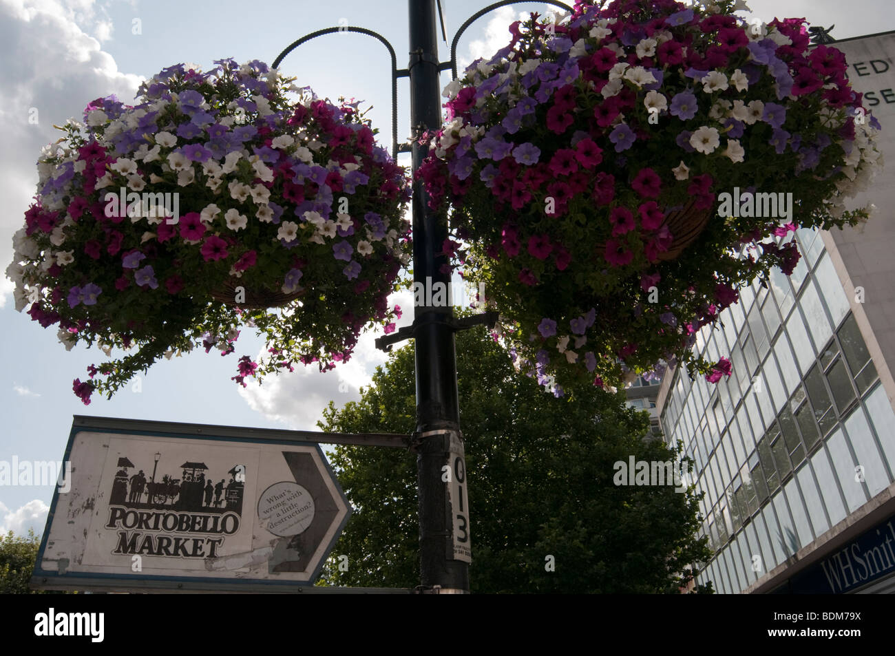 Sign to Portobello Market London Notting Hill UK Flower Baskets Stock ...