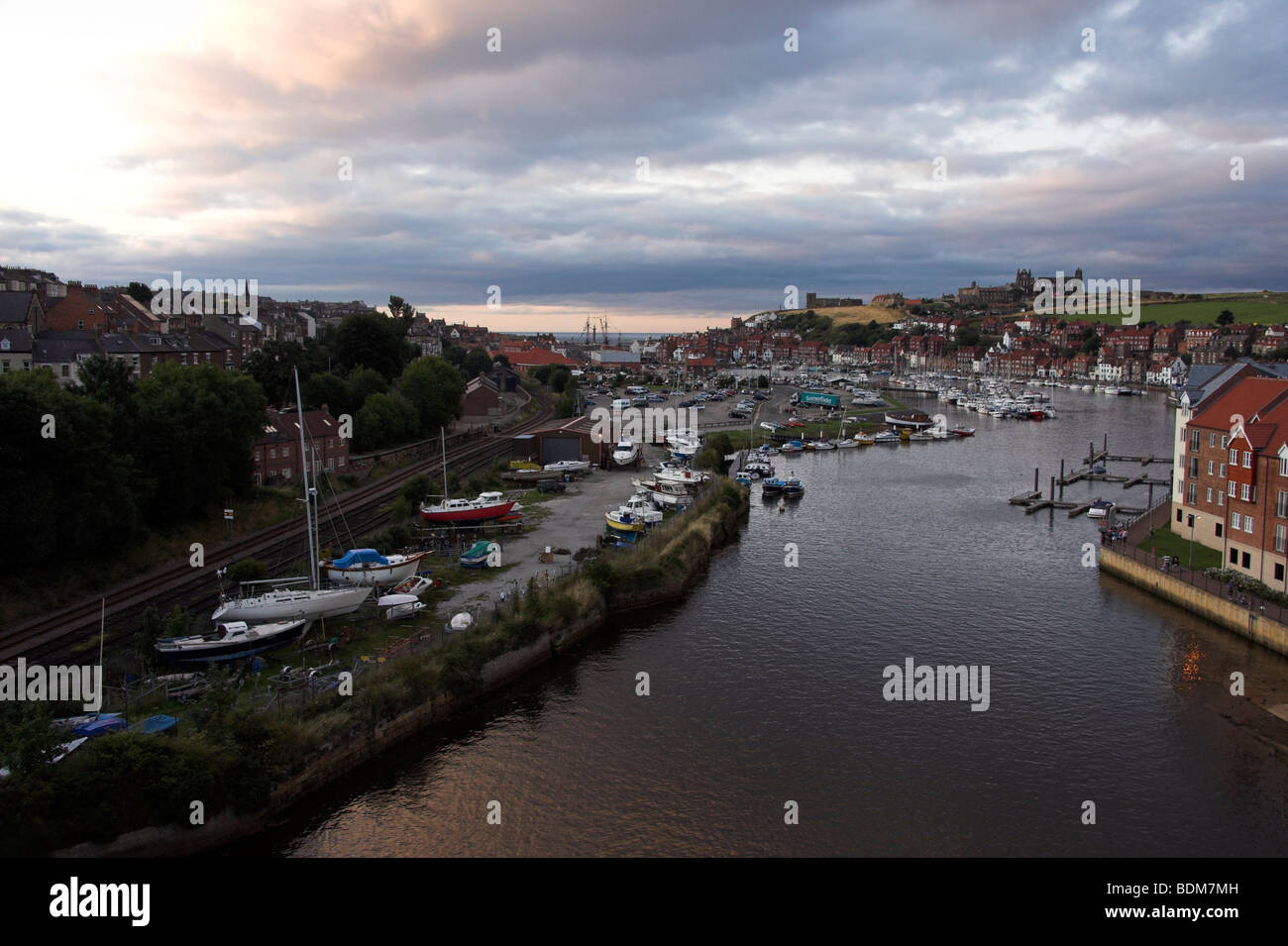 View of Upper Harbour and Whitby Abbey, from the New Bridge, Whitby ...