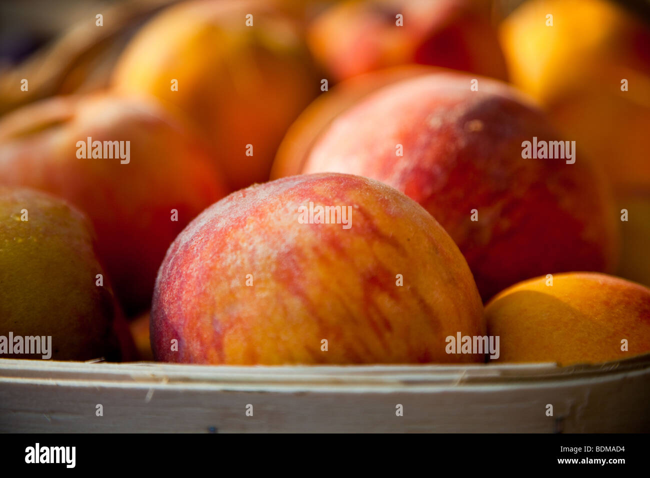Fresh South Carolina peaches at an organic local produce farmers market ...