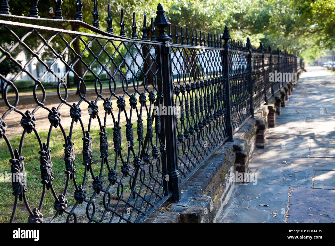 Historic wrought iron fence along Wragg Square in the Harleston Village ...
