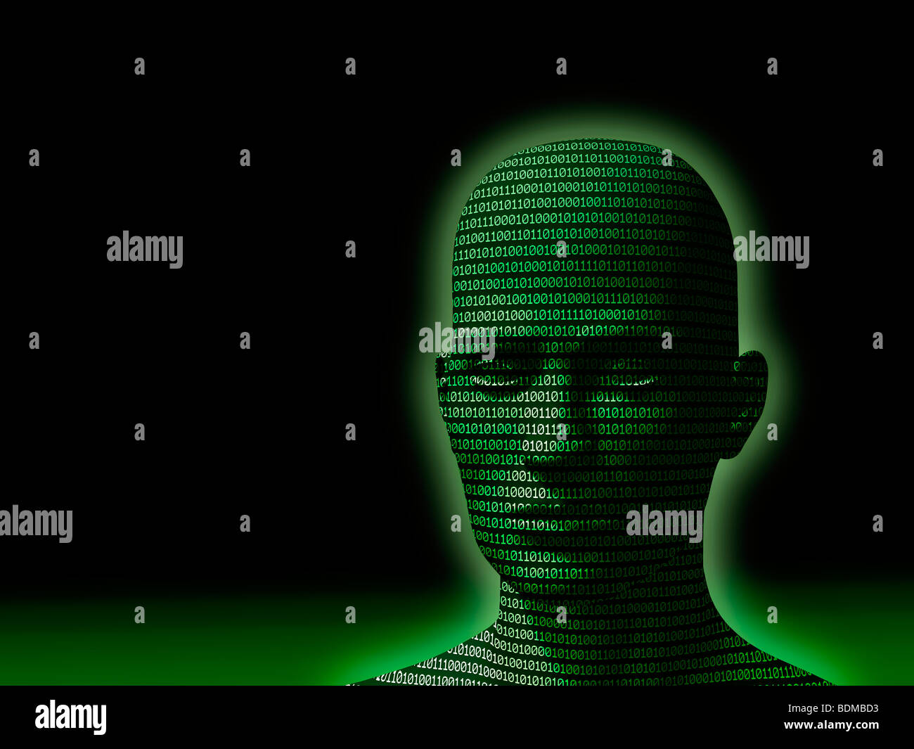 Human head with binary code against black background Stock Photo - Alamy