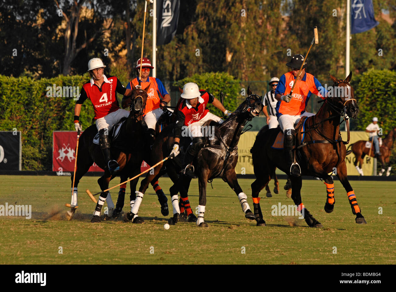 Polo players competing for ball at Santa maria polo club, Sotogrande ...