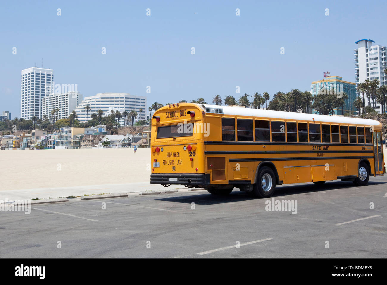 School bus parked on Santa Monica Beach in Los Angeles, California, USA ...