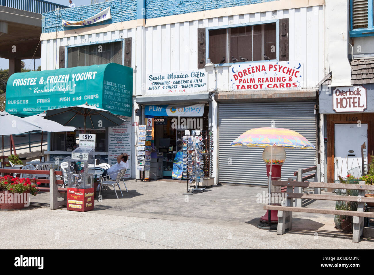 Shops behind the pier on Santa Monica Beach in Los Angeles, California ...