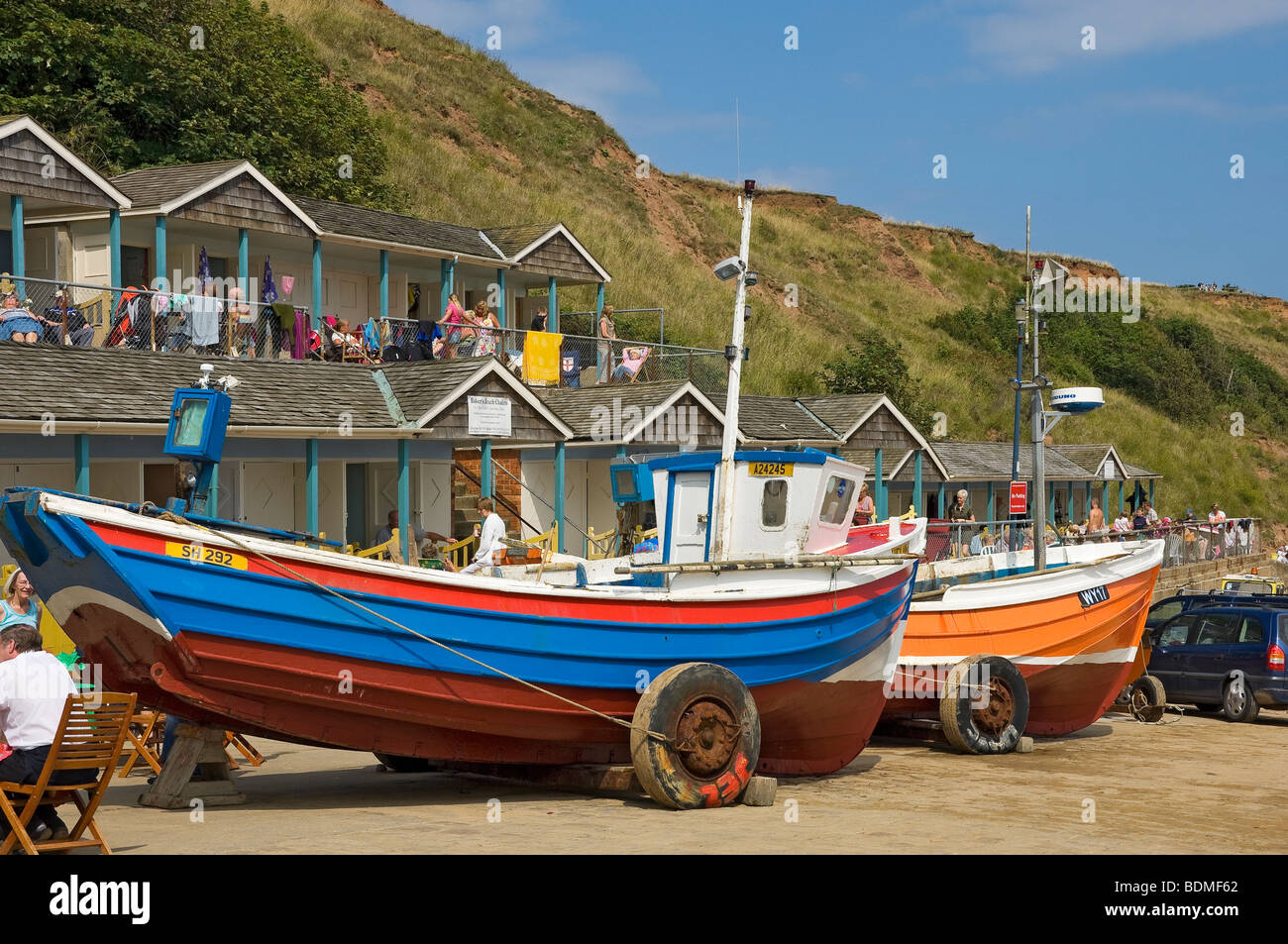 Fishing boat boats on The Coble Landing in summer Filey North Yorkshire ...