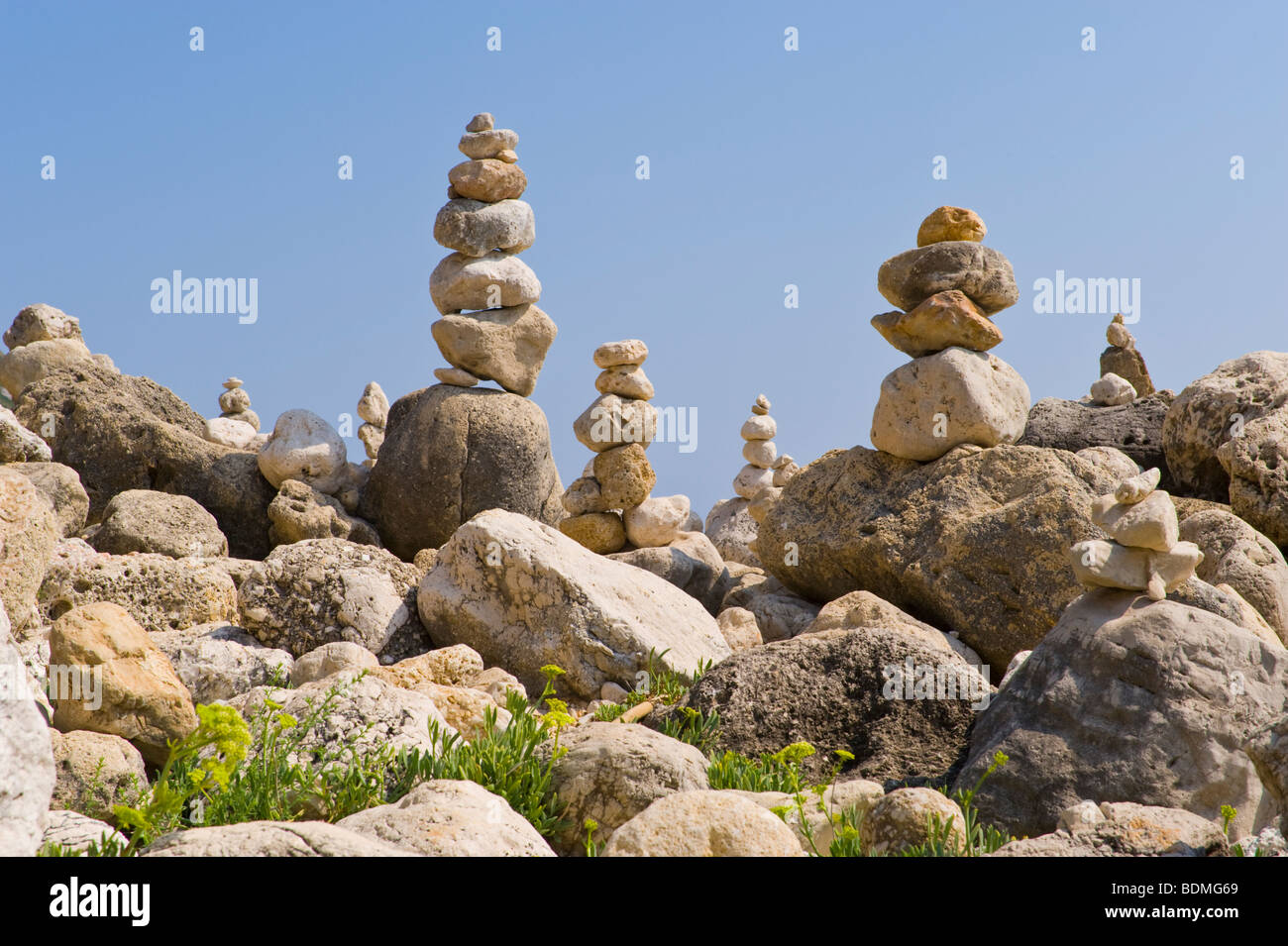 Rocks and pebbles stacked and made into interesting formations at ...