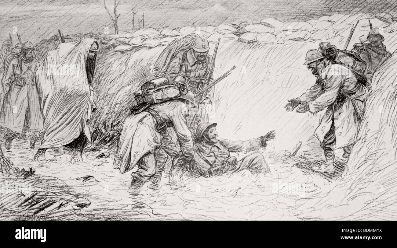 French soldiers joking as one falls into water at bottom of trench ...