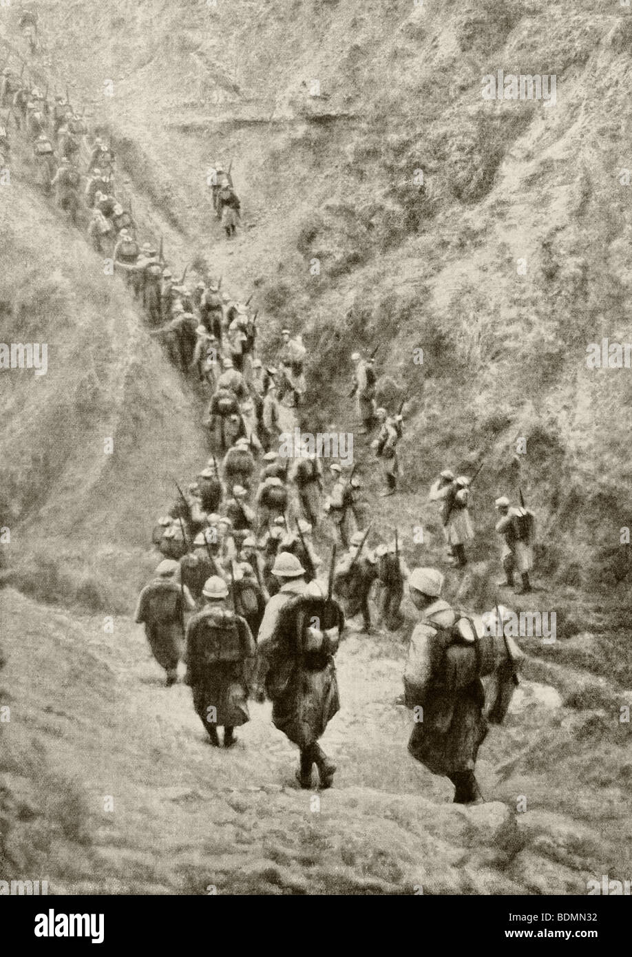 A company of French troops traversing a ravine in Macedonia, Greece ...