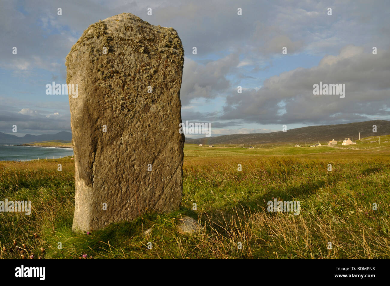 Standing stone, Sandy beach near Scarasta, Isle of Harris, Scotland ...