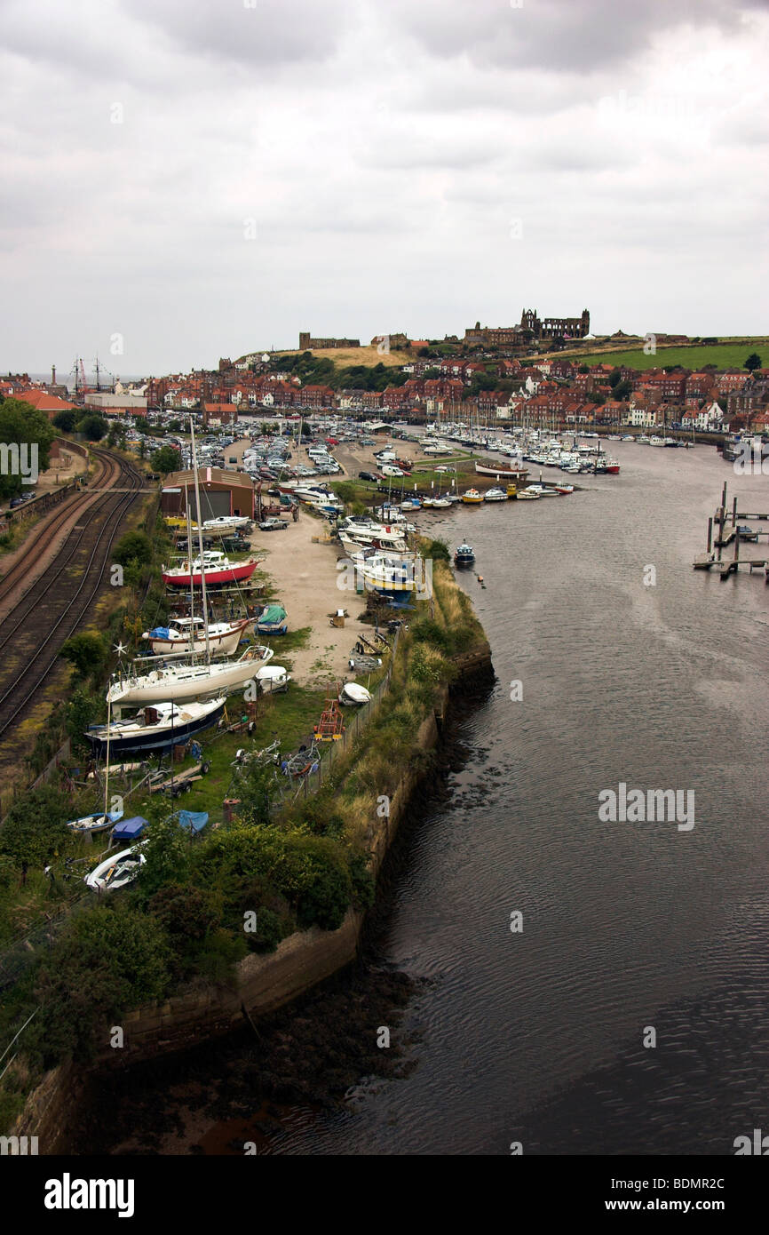 View of Upper Harbour and Whitby Abbey, from the New Bridge, Whitby ...
