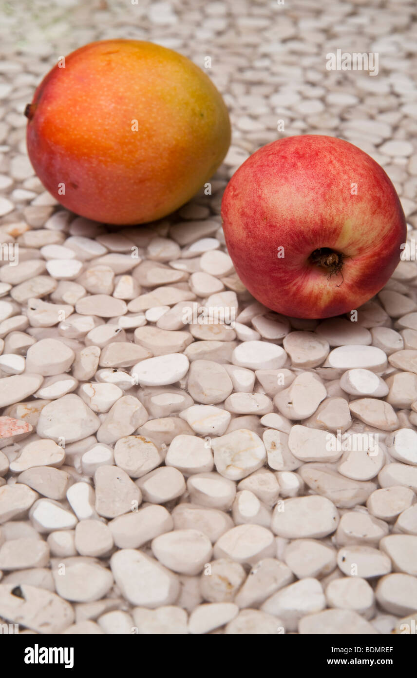 Apple and Mango on pebble surface Stock Photo - Alamy