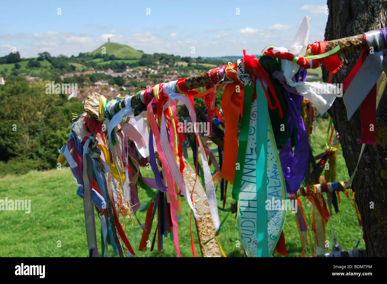 prayer flags at Holy Thorn Tree on Wearyall Hill with Glastonbury Tor ...