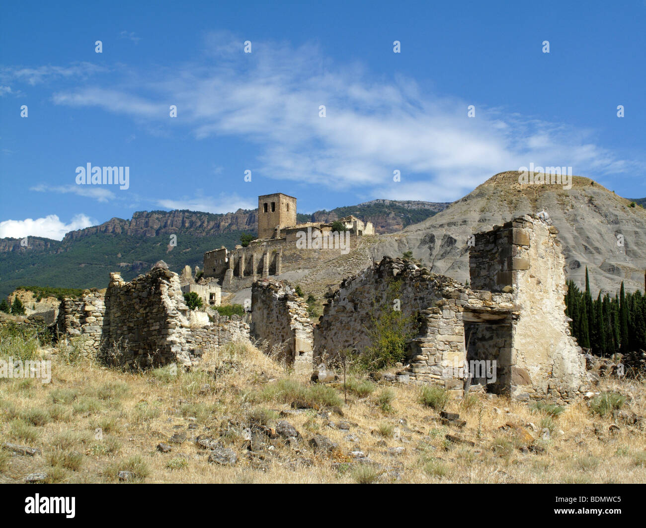 The ruins of the village of Esco in northern Spain, abandoned in 1959 ...