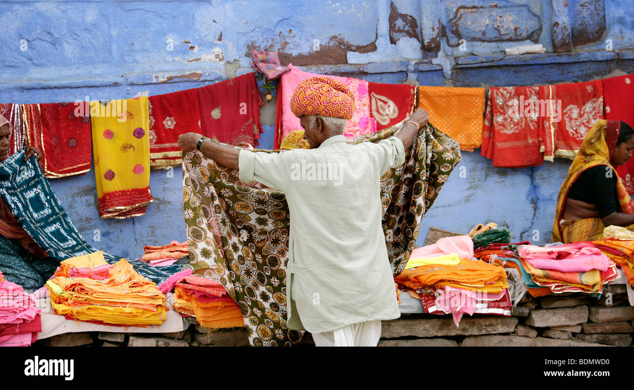 Market stand of a cloth merchant in Jodhpur, Rajasthan, India, Asia ...