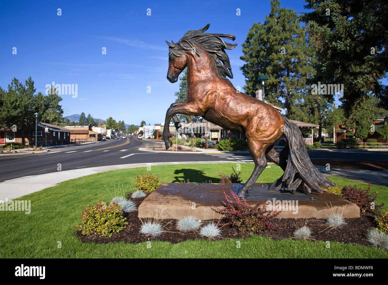 A bronze horse sculpture on the main street of Sisters, Oregon, in the ...