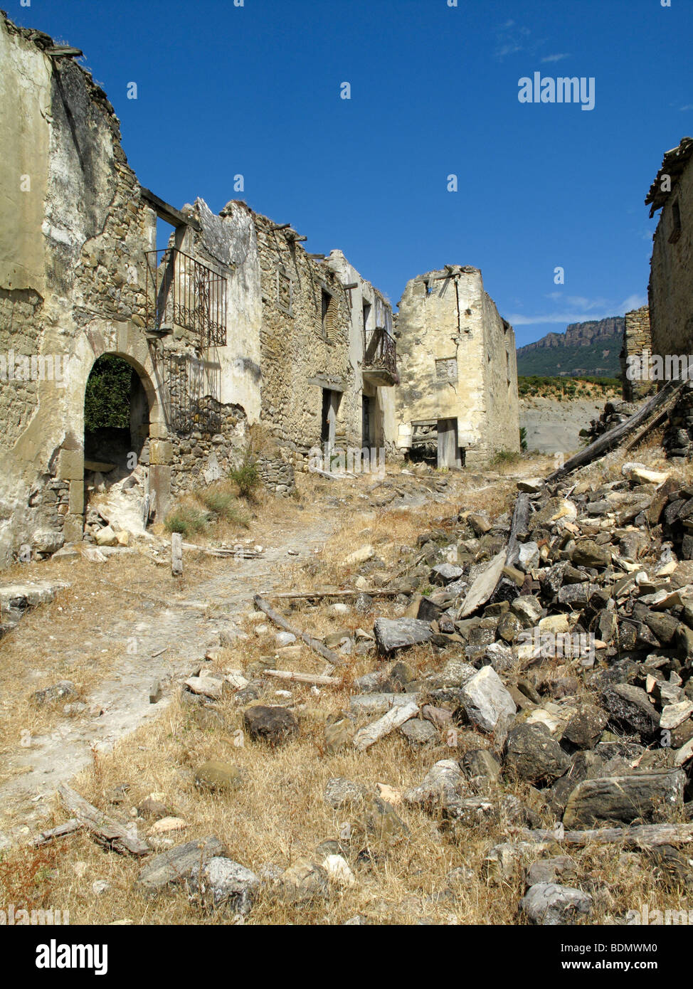 The ruins of the village of Esco in northern Spain, abandoned in 1959 ...