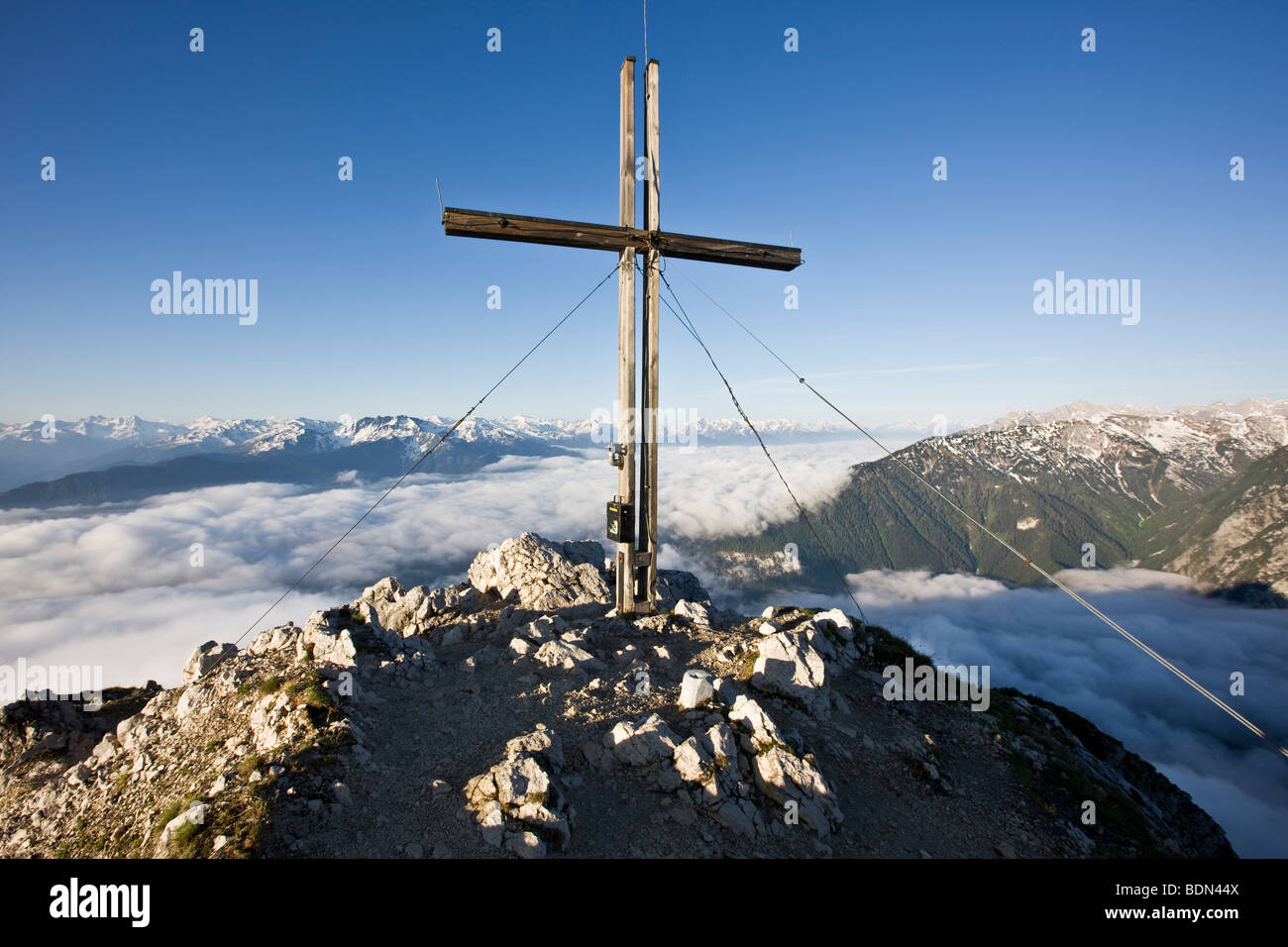 Summit cross on Mt. Ebener Joch, Rofangebirge mountain range, North ...
