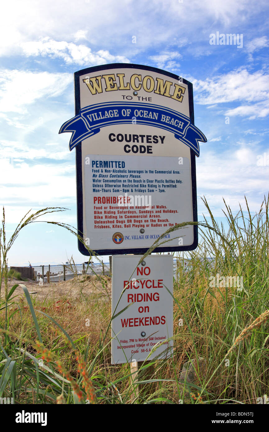 Sign with regulations, Ocean Beach, Fire Island, Long Island, NY Stock ...