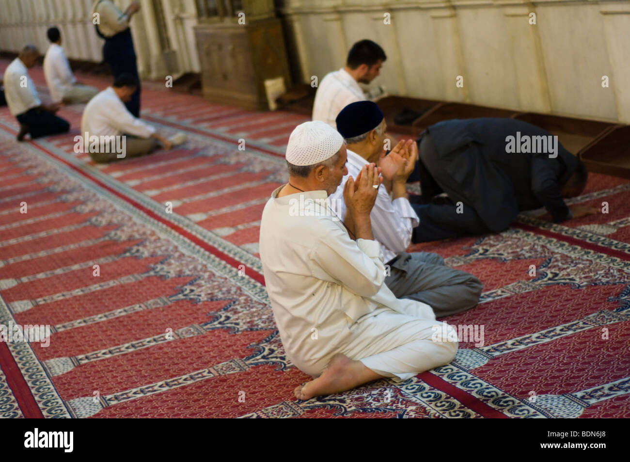 Men pray in the Umayyad Mosque (Grand Mosque of Damascus Stock Photo ...