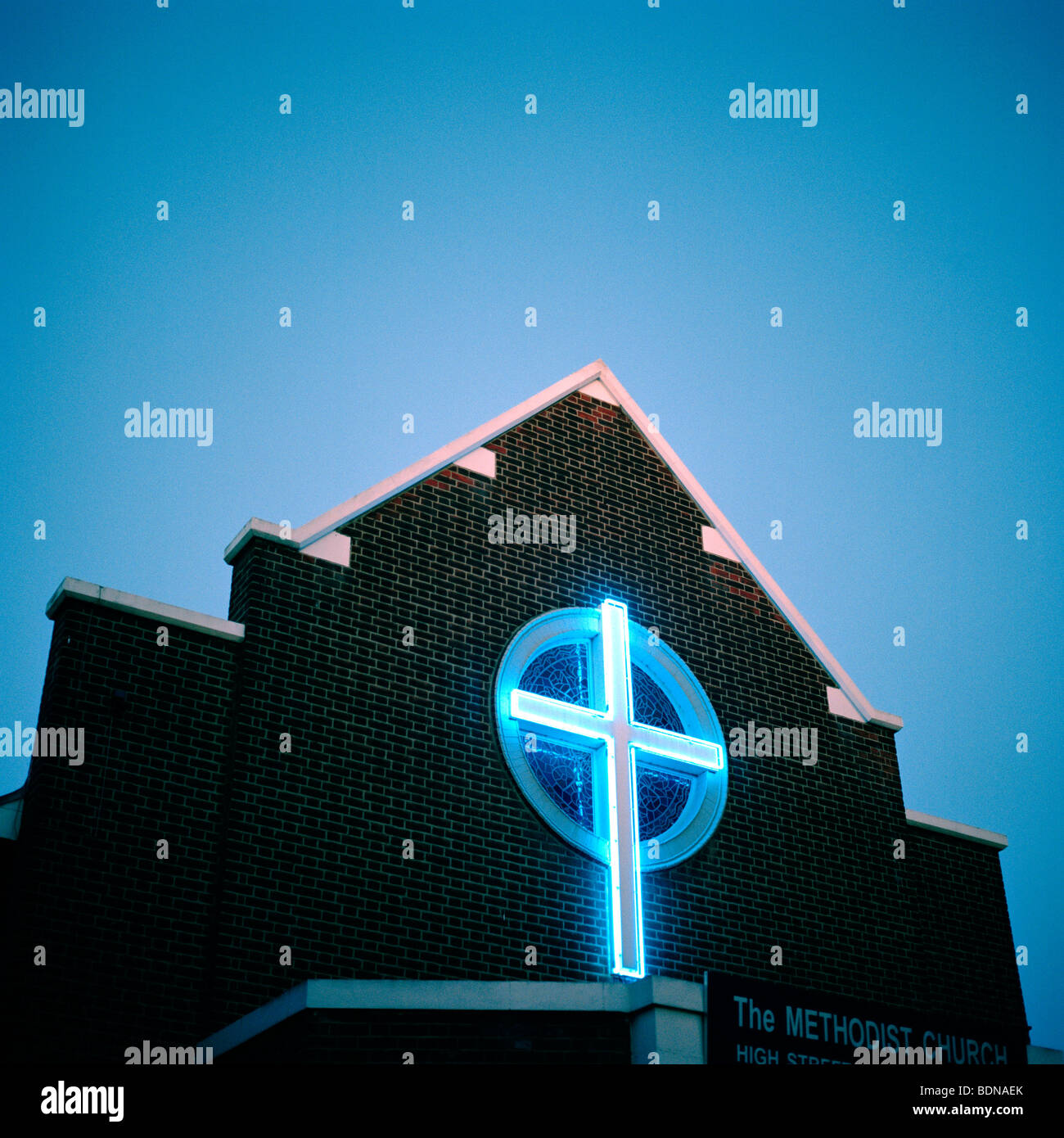 Neon cross on a church in Stoke Newington, North London Stock Photo - Alamy