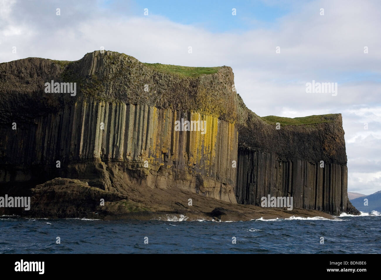 Volcanic basalt Staffa Island colonnade and sea cliffs off Isle of Mull ...