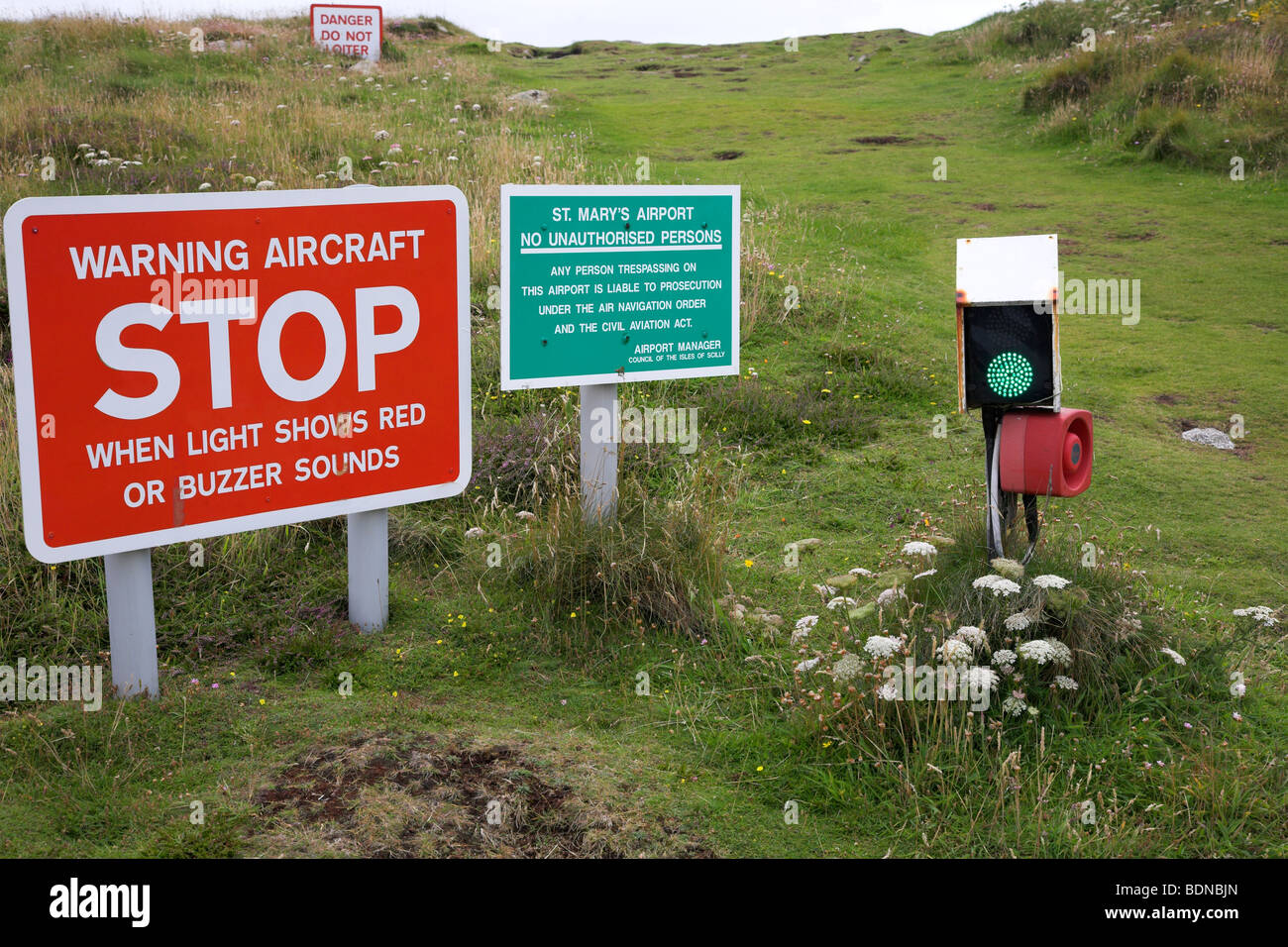 Warning signs on approach to the runway at St. Mary's airport on the ...