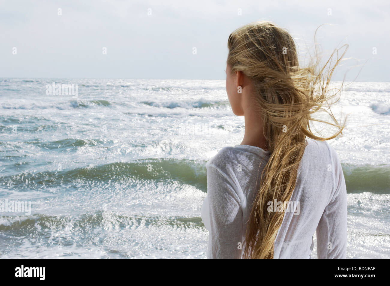 Young woman looking at ocean, back view Stock Photo - Alamy