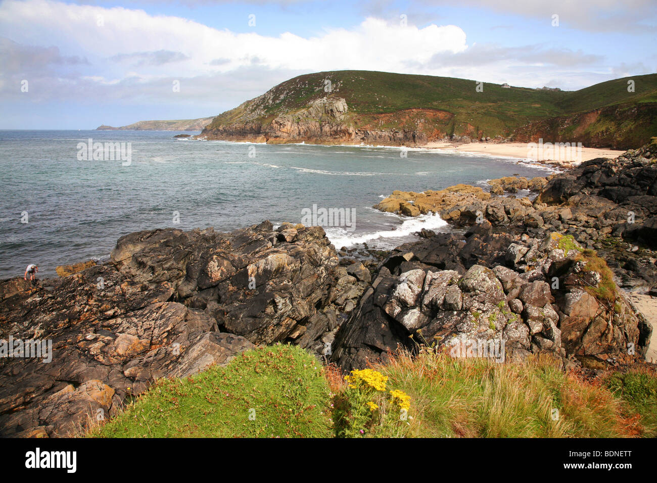 Rocky cove on the coast near the lighthouse at Pendeen, a village on ...