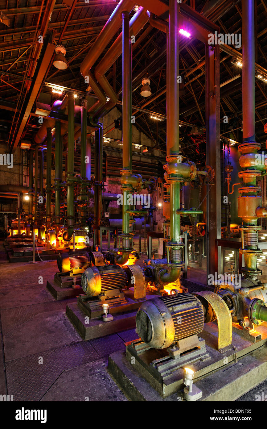 Function room in the former Geblaesehallen blower plant, illuminated ...