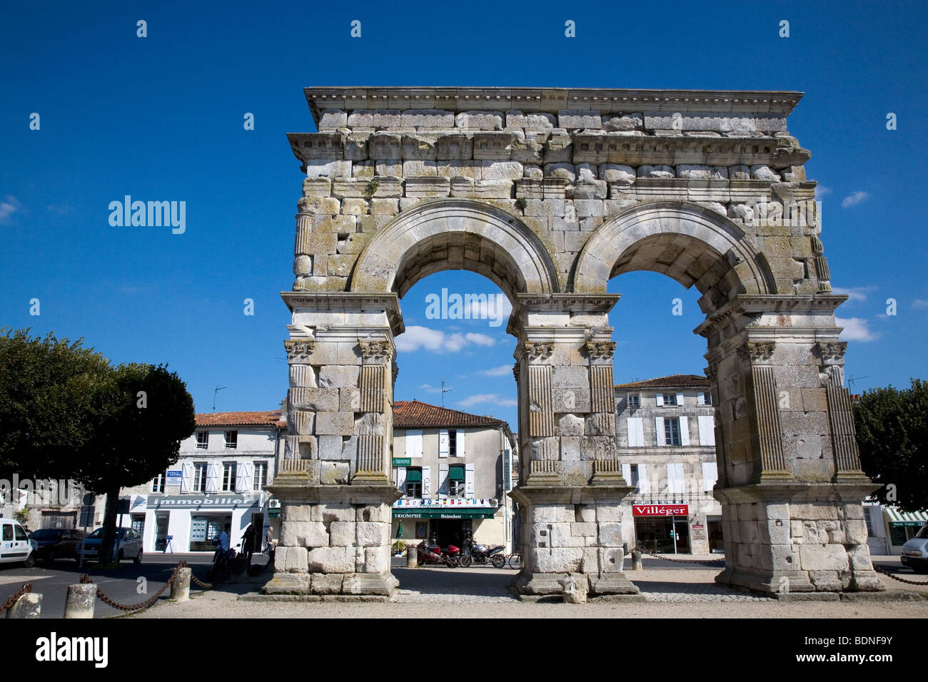 Roman port city gate Arc de Germanicus arch near River Charente in ...