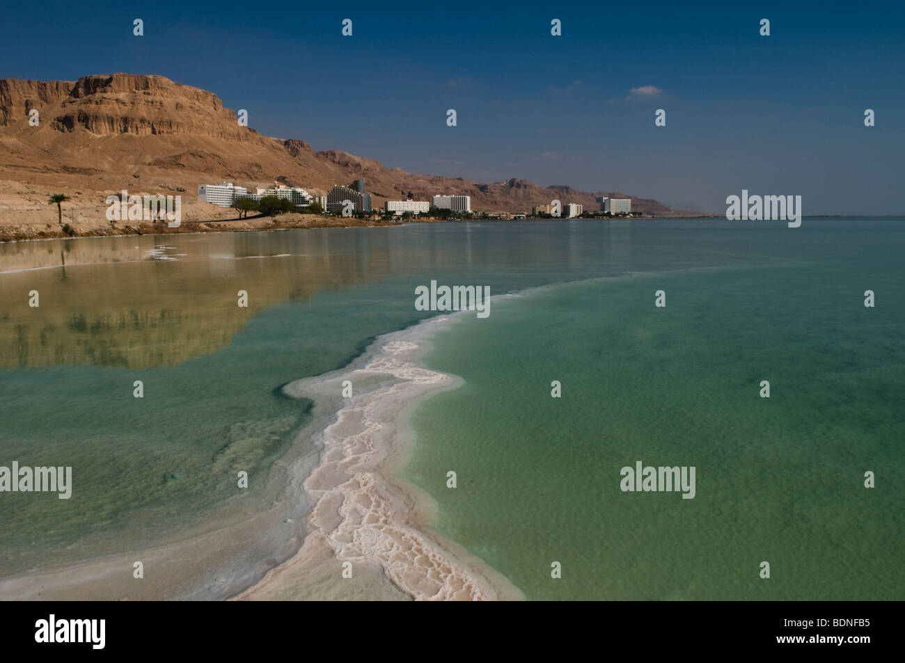 Salt formation in Ein Bokek hotel and resort district on the shore of the Dead Sea, near Neve ...