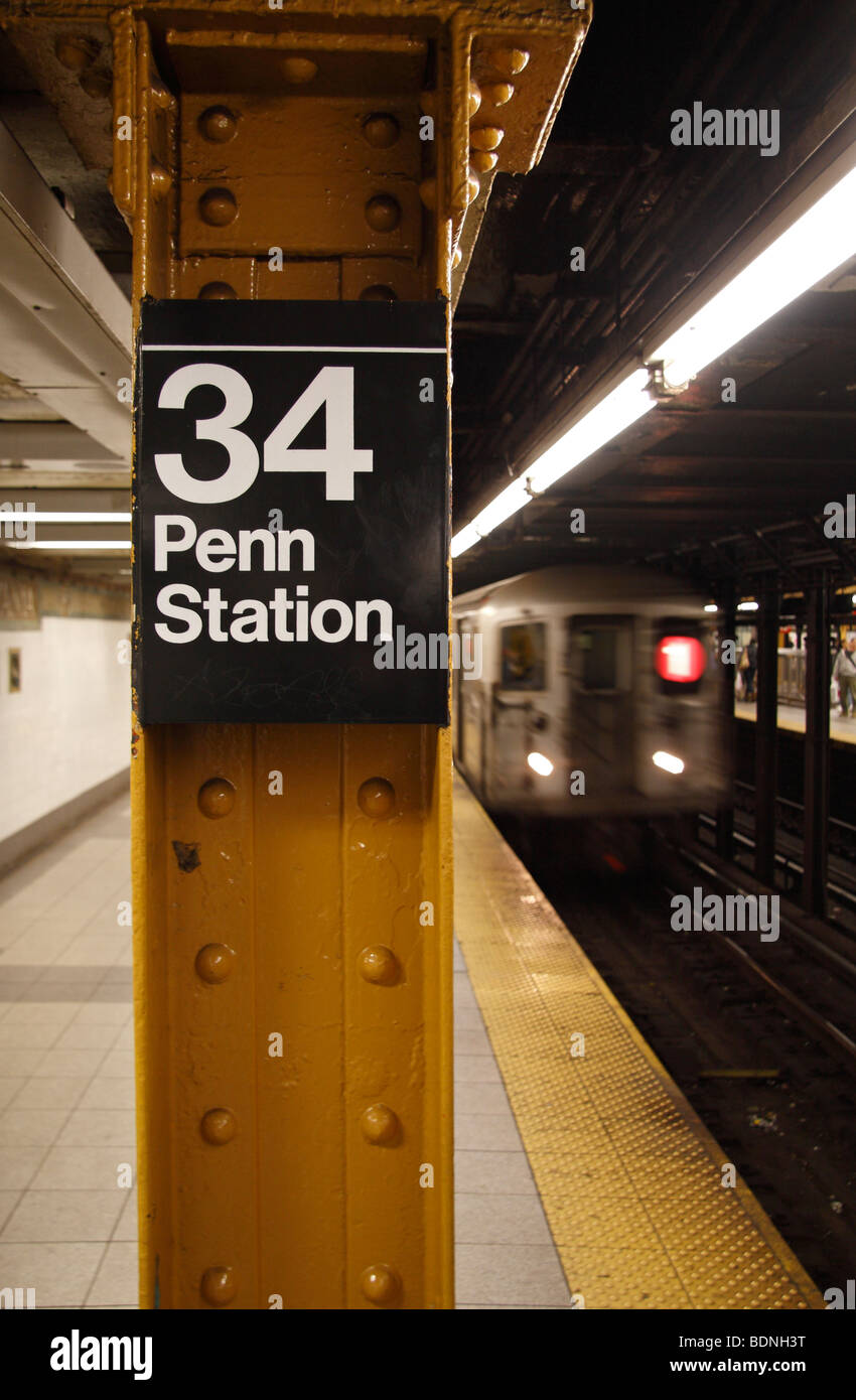 A No 1 train pulls into the platform of 34th Street, Penn Station, New ...