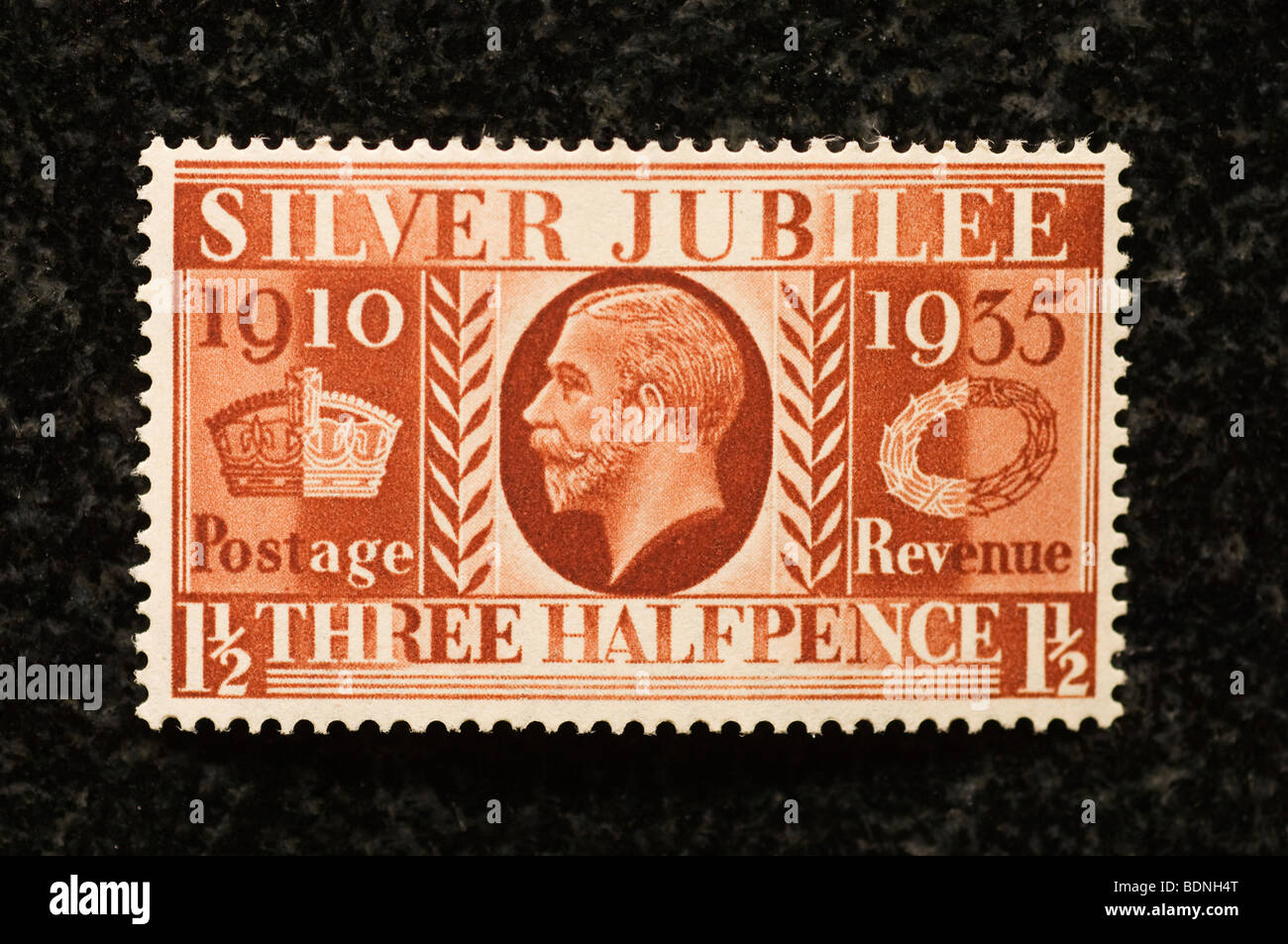 Postage stamp three halfpence Stock Photo - Alamy