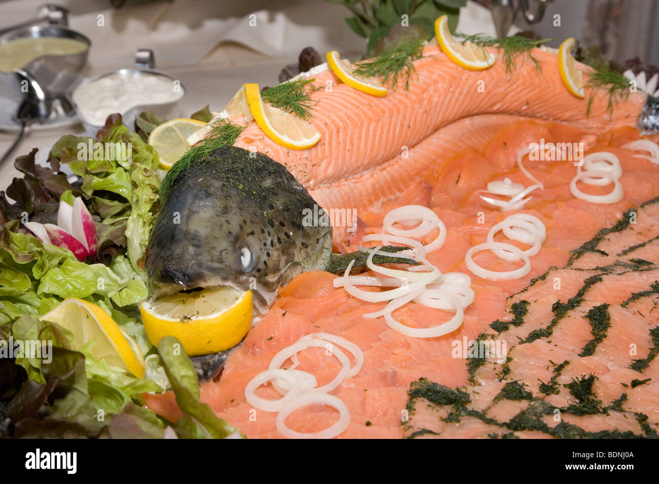 Variations from salmon at buffet Stock Photo - Alamy