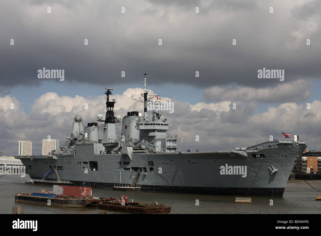 Ark Royal on the Thames anchored by Greenwich Stock Photo - Alamy