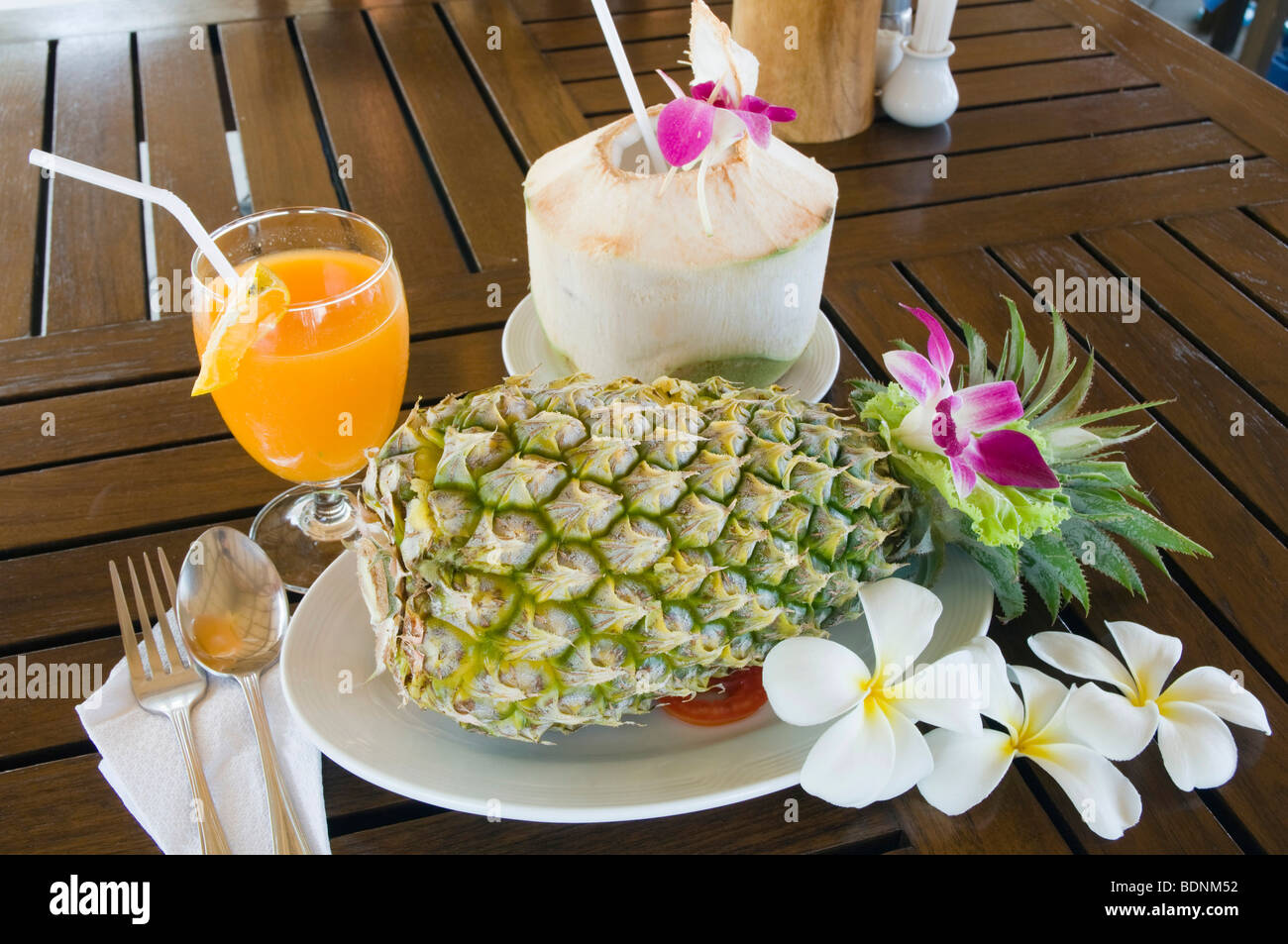 Fried rice in pineapple, coconut drink, orange juice, Thai food, Khao ...