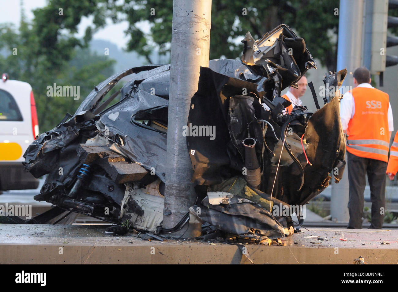 Devastated wreck of a VW Golf on the Koenig-Karls-Bruecke bridge ...