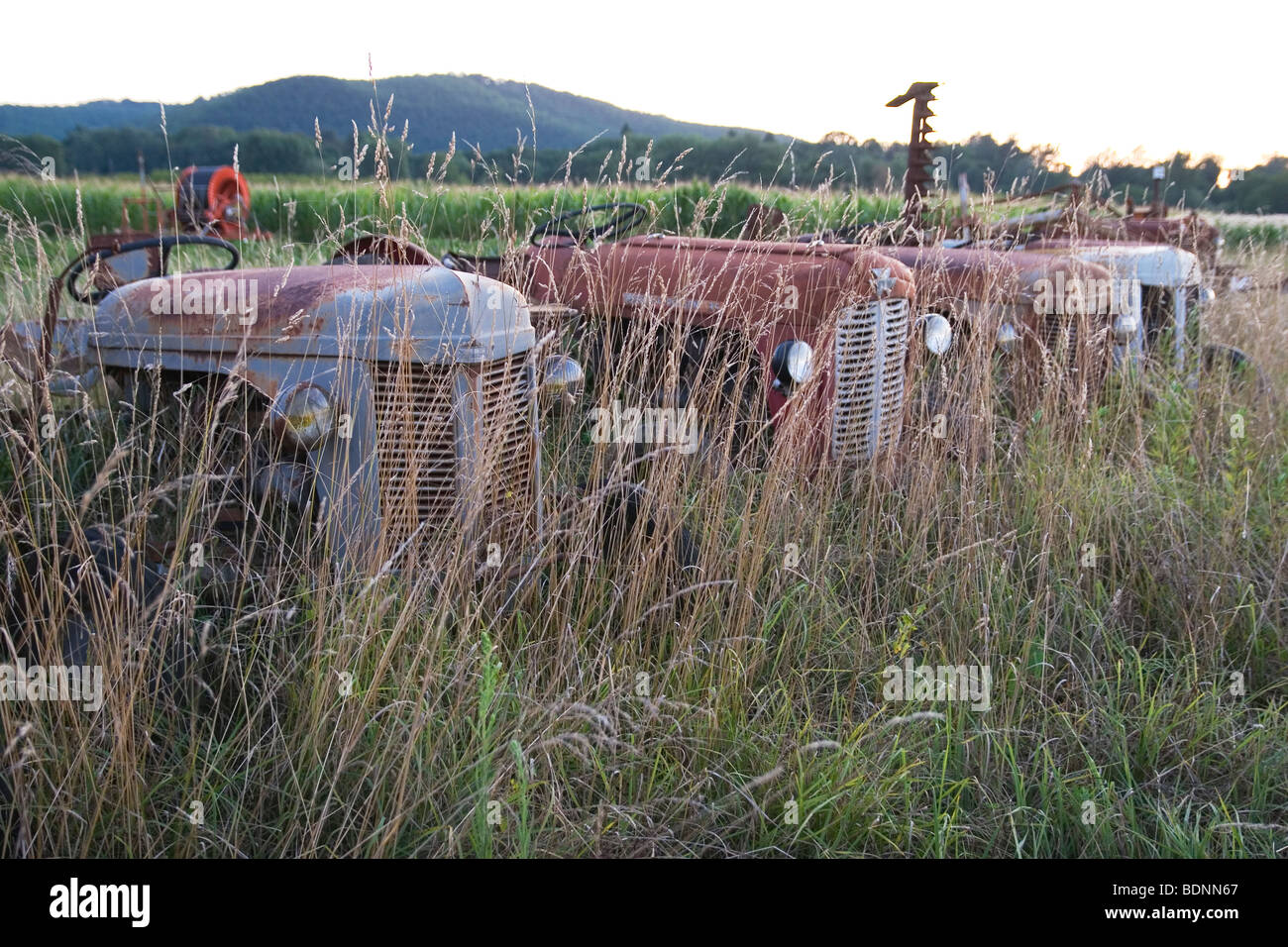 vintage French tractors slowly decaying in a field near Prayssac in the ...