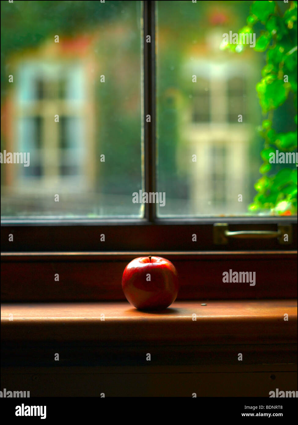 A red apple on a window ledge Stock Photo - Alamy
