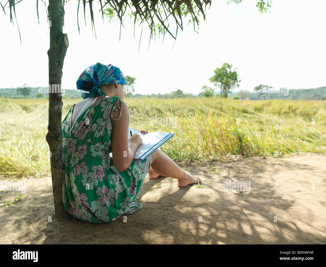Young woman sitting in shade writing, back view Stock Photo - Alamy