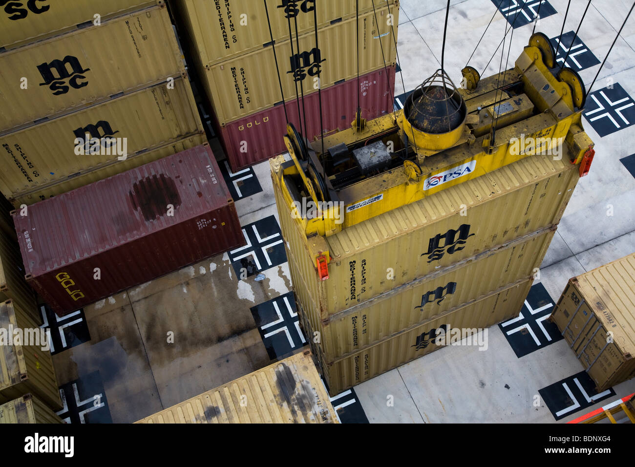 Container boxes teus teu stacks stacking gantries Stock Photo - Alamy