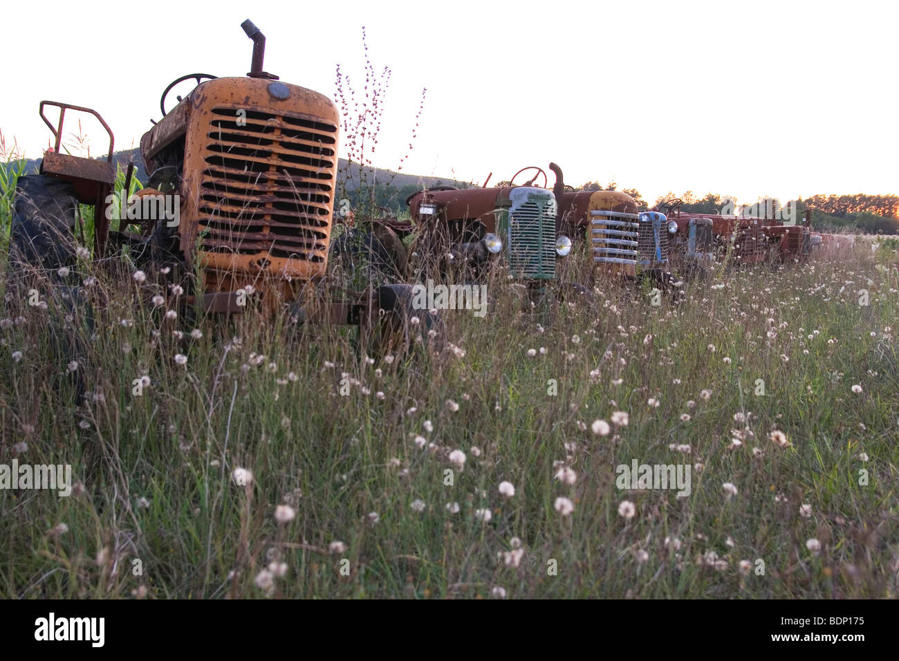 vintage French tractors slowly decaying in a field near Prayssac in the ...