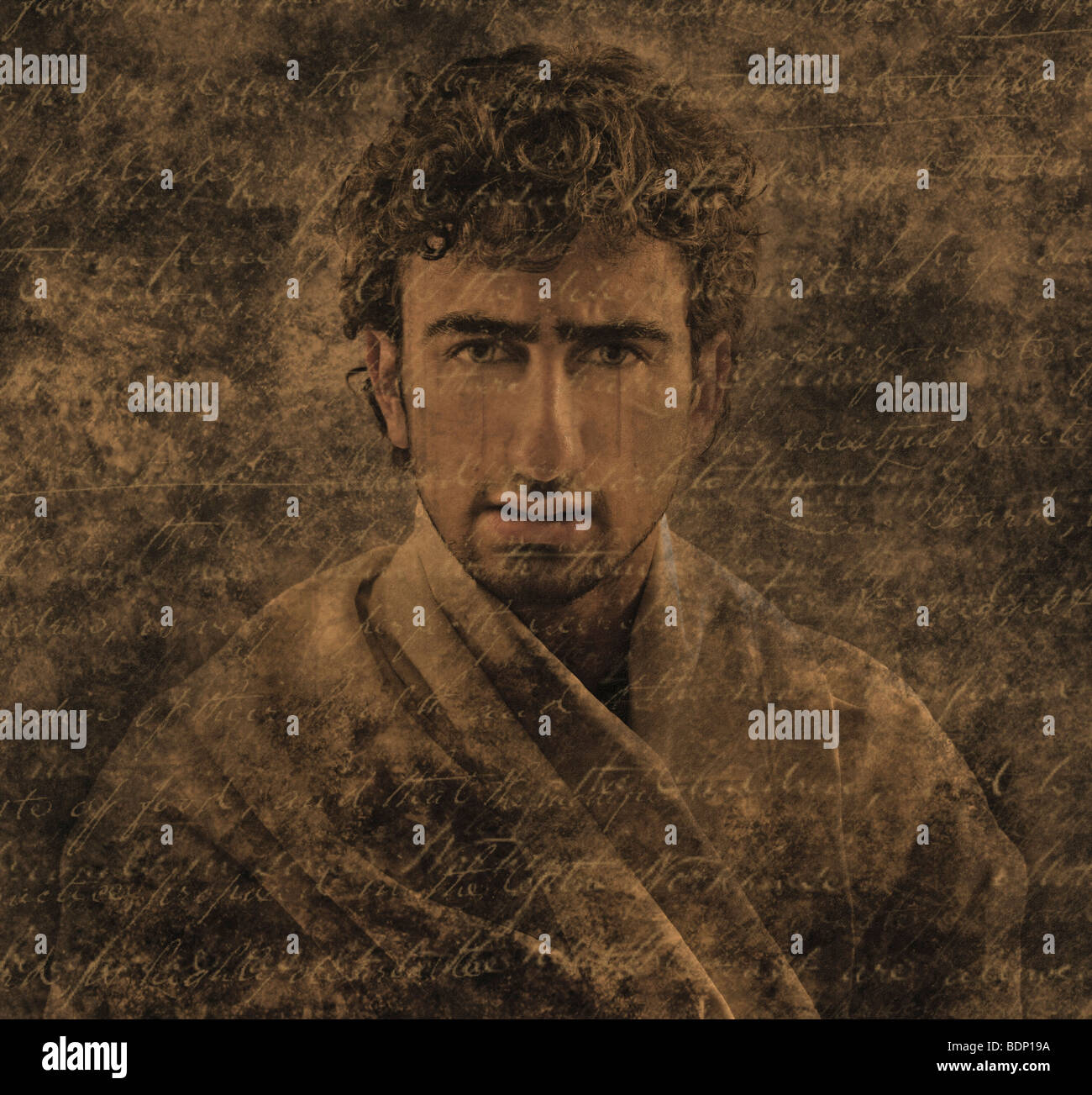 Close up of a young mans face montaged with handwriting Stock Photo - Alamy