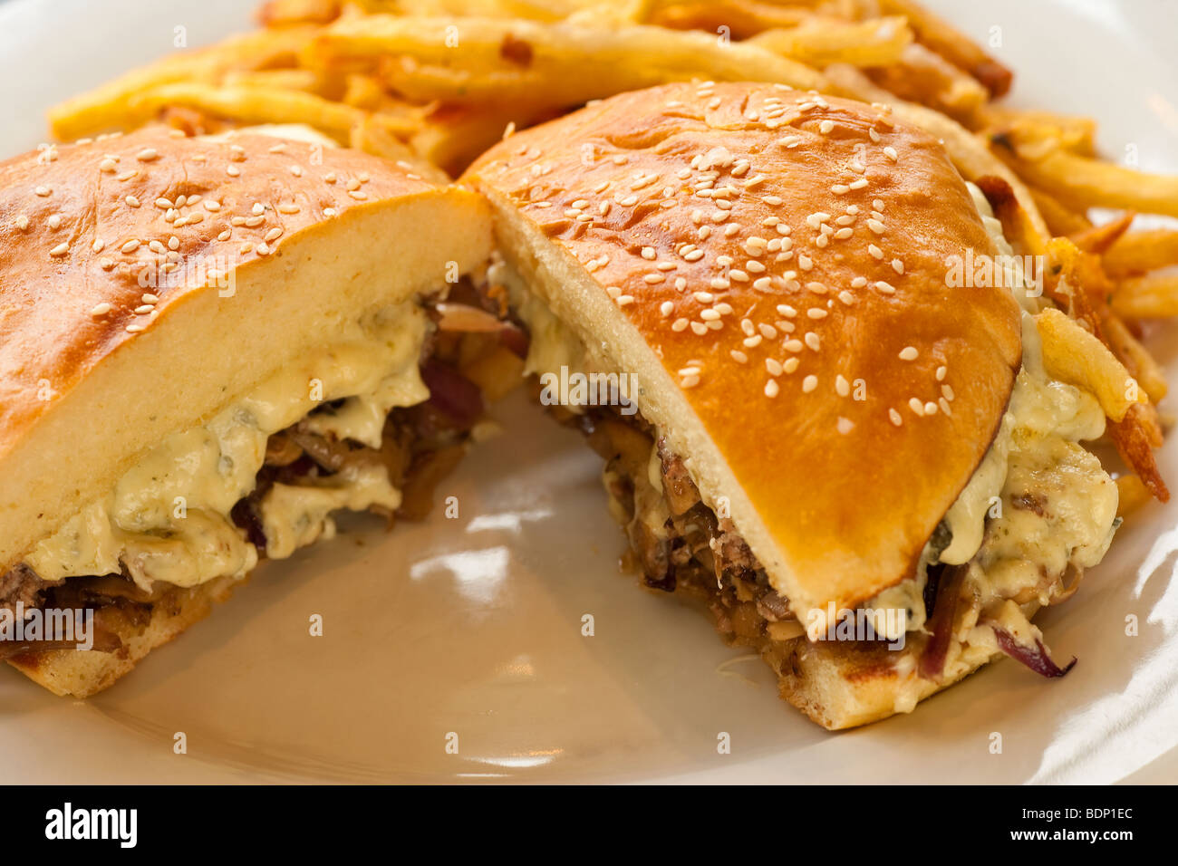 Big Blue Burger with grilled mushrooms, red onions and Gorgonzola ...