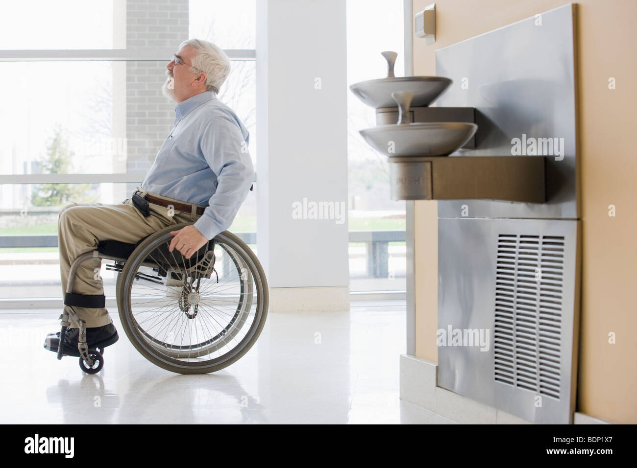 University professor pulling wheelchair in a corridor Stock Photo - Alamy