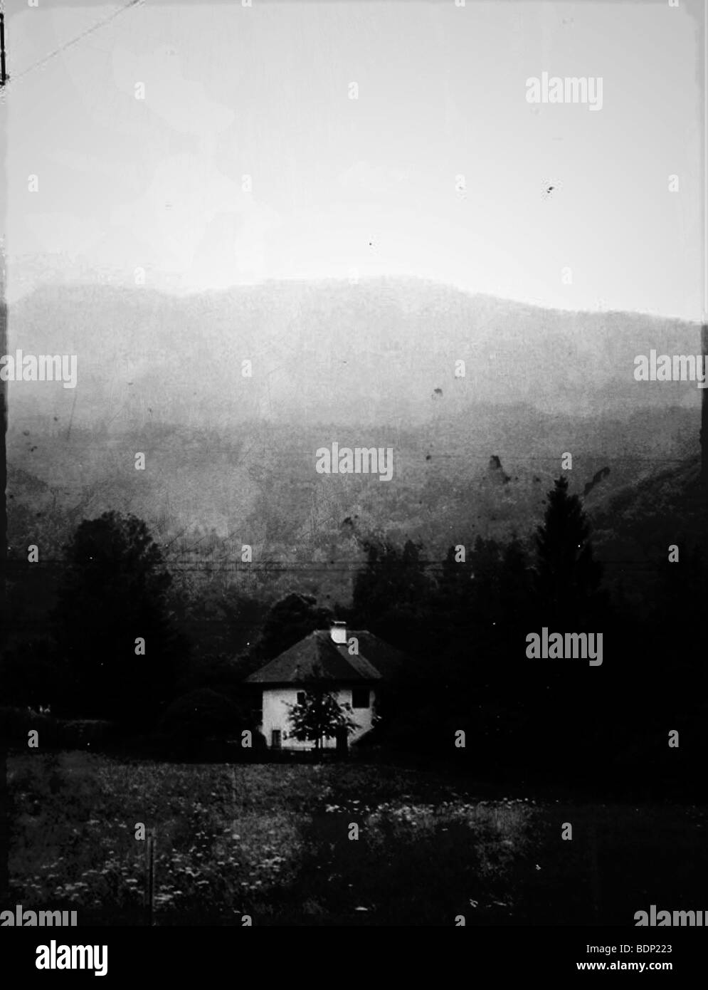 A small house partly hidden in the trees with hills in the background ...