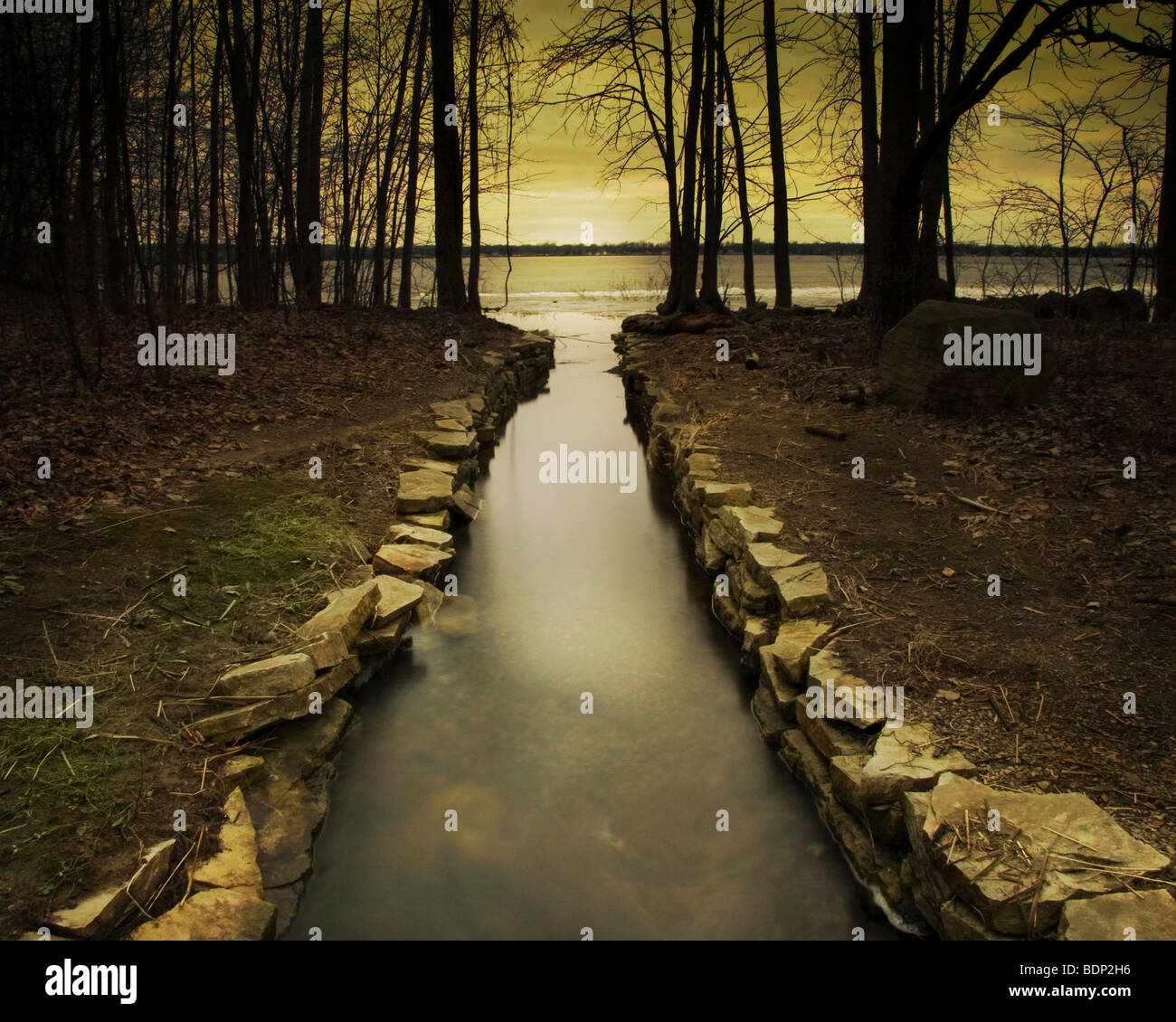 A small waterway leading into a lake with trees Stock Photo - Alamy